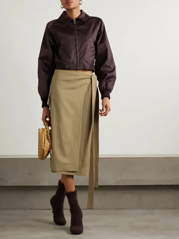 Victoria Beckham Tie-detailed Pinstriped Wool-twill Midi Wrap Skirt