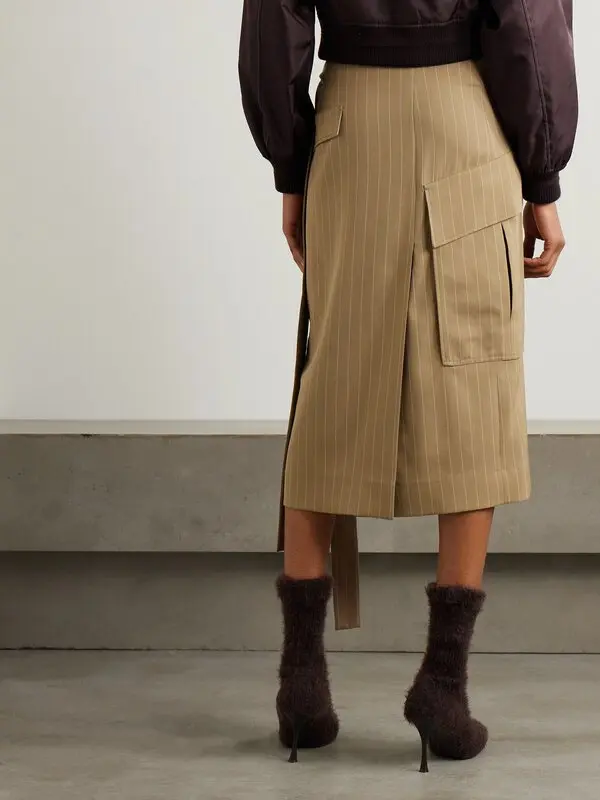 Victoria Beckham Tie-detailed Pinstriped Wool-twill Midi Wrap Skirt