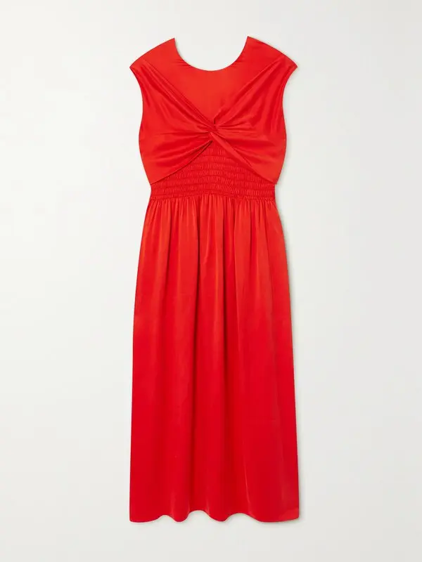 Tove Mahaney Gathered Smocked Silk Midi Dress - Red