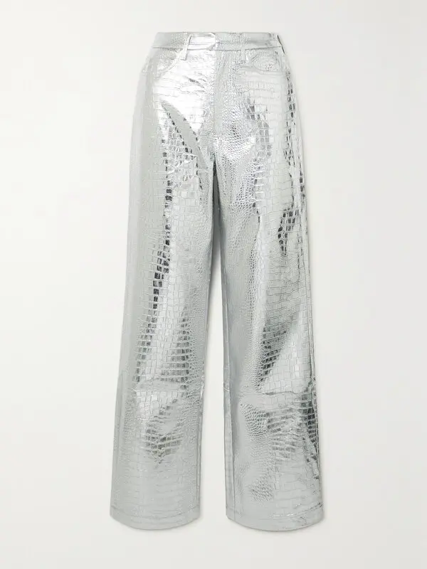ROTATE BY BIRGER CHRISTENSEN Metallic Croc-effect Wide-leg Trousers - Silver