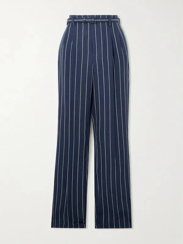 Ralph Lauren Stamford Belted Pinstriped Linen And Cotton-blend Straight-leg Trousers - Blue