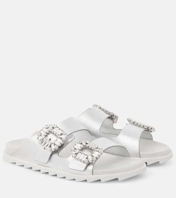 ROGER VIVIER Embellished Metallic Leather Slides - Silver