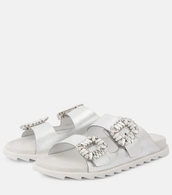 ROGER VIVIER Embellished Metallic Leather Slides - Silver