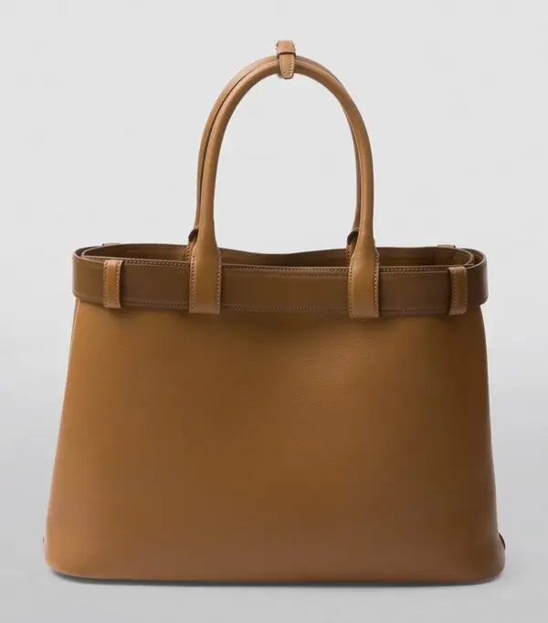 Prada Large Leather Tote Bag With Buckle Detail - Brown
