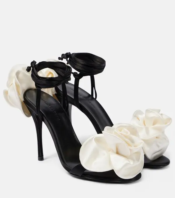 Magda Butrym Ivory Glow Floral Appliqué Satin Sandals - Black