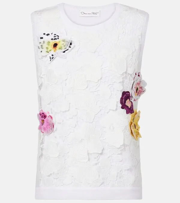 Oscar De La Renta Floral Appliqué Lace Top - Multicoloured