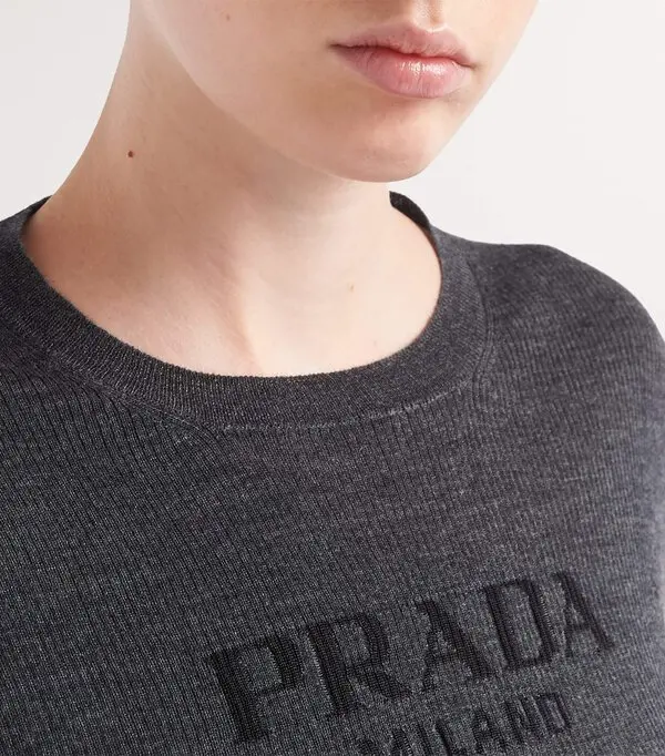 Prada Wool-blend Superfine Logo Crew Neck Sweater - Grey