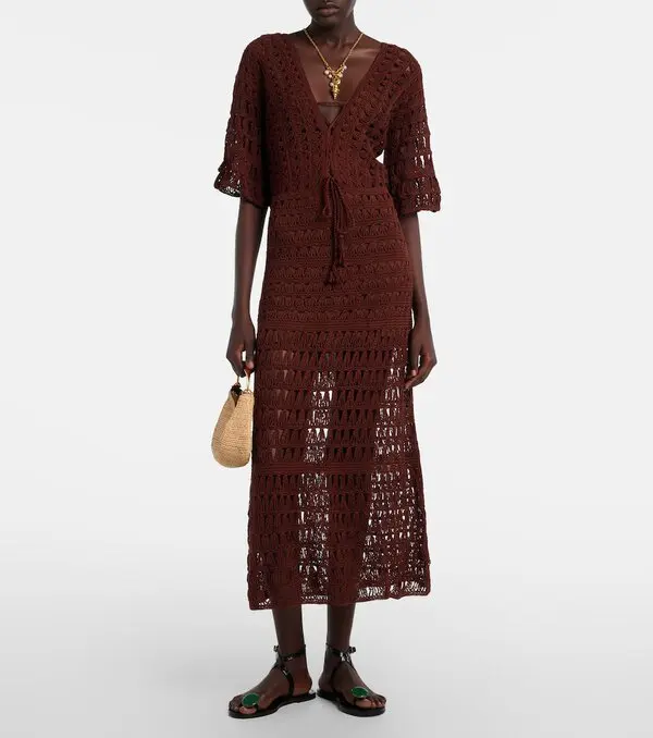 Anna Kosturova Marissa Cotton Crochet Midi Dress - Brown