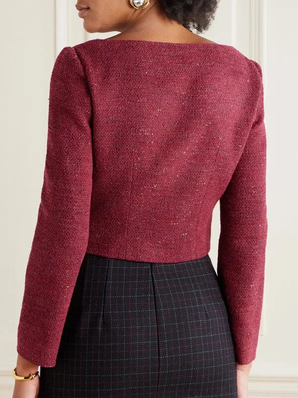 Alessandra Rich Cropped Sequinned Tweed Jacket - Red