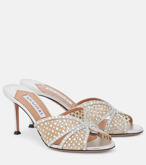 AQUAZZURA Crystal Lover 75 Leather-trimmed Mules - Silver