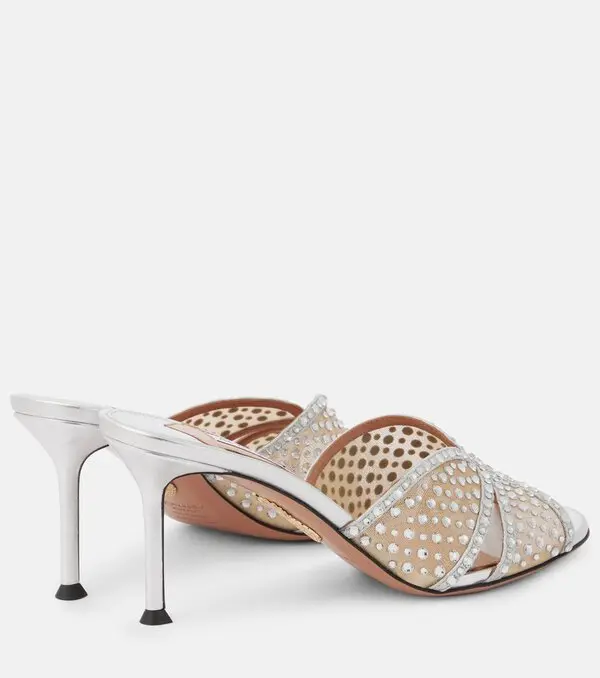 AQUAZZURA Crystal Lover 75 Leather-trimmed Mules - Silver