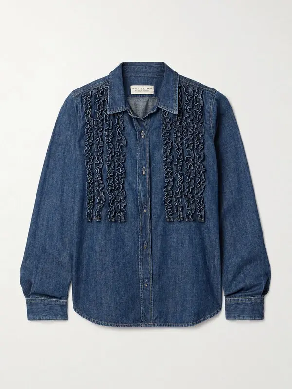 NILI LOTAN Lexa Ruffled Denim Shirt - Blue