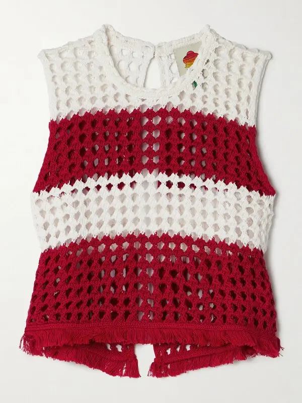Farm Rio Fringed Striped Crocheted Cotton Tank