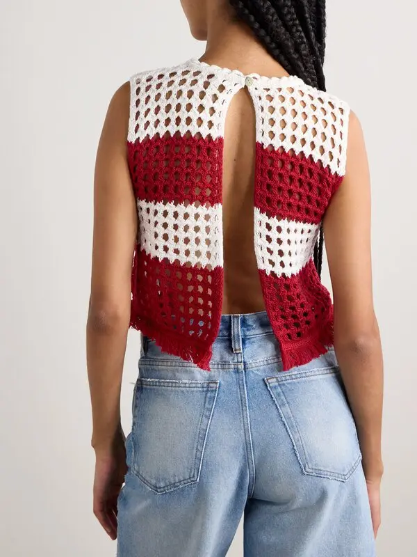 Farm Rio Fringed Striped Crocheted Cotton Tank