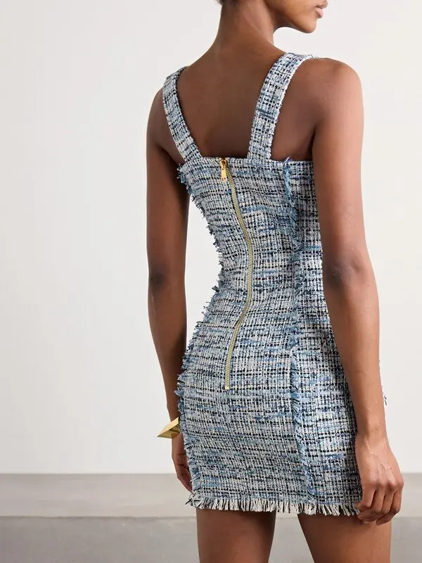 Balmain Button-embellished Frayed Tweed Mini Dress