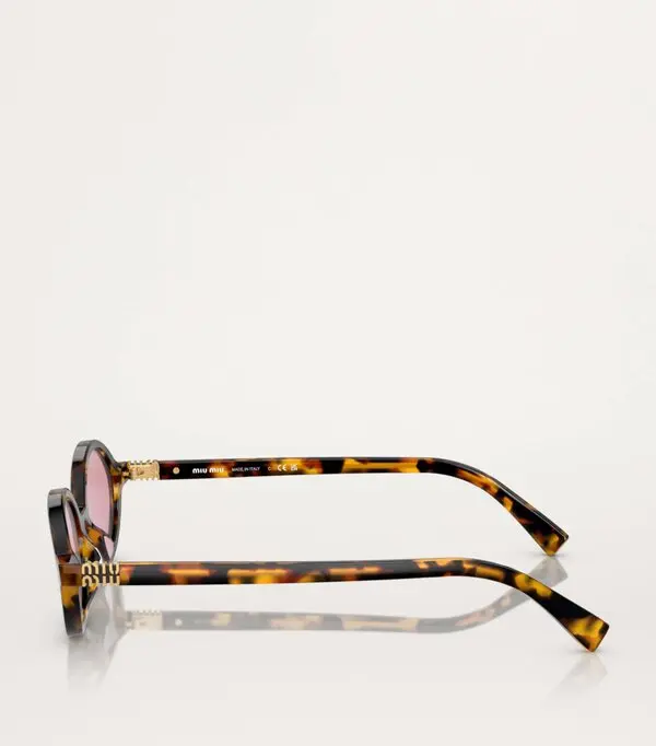 Miu Miu Acetate Oval Sunglasses With Gold Tone Logo Plaques - Brown
