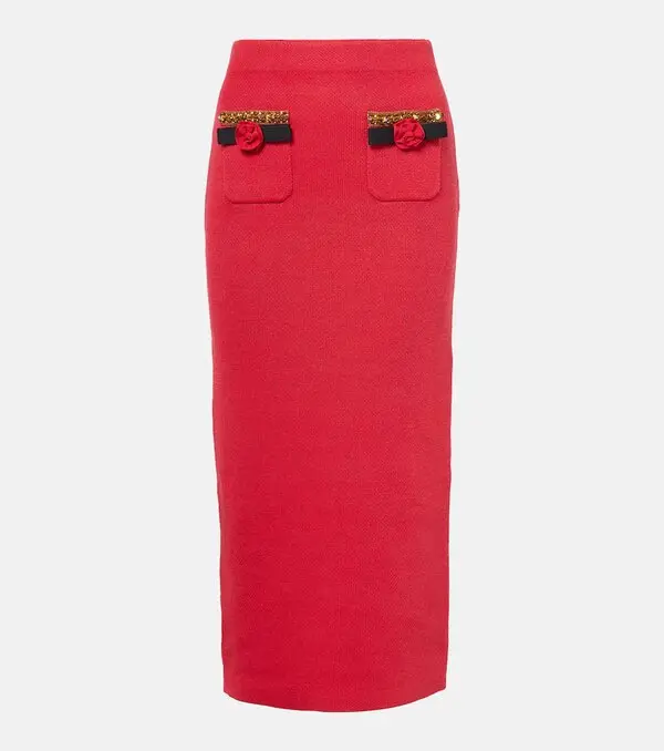 SELF-PORTRAIT Embellished Knitted Midi Skirt - Red