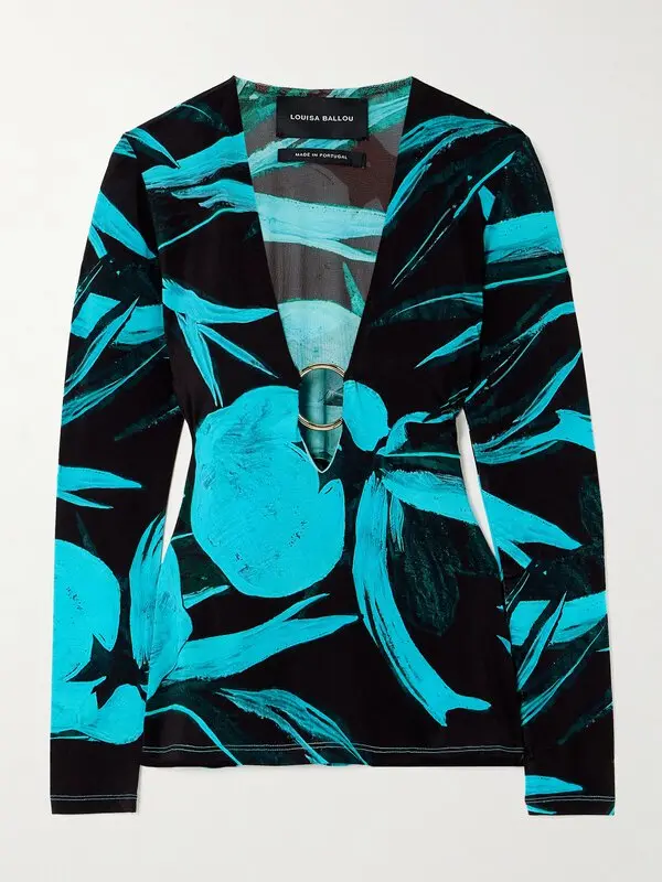 LOUISA BALLOU Helios Embellished Printed Stretch-jersey Top - Blue