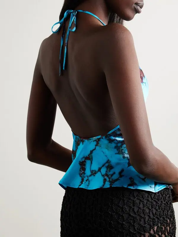 LOUISA BALLOU Tie-dyed Silk-blend Satin Halterneck Top
