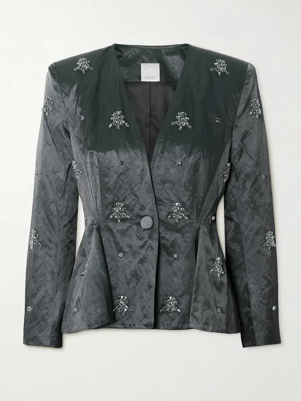 Huishan Zhang Antoine Crystal-embellished Crinkled Satin-twill Blazer - Gray