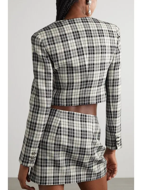 Alessandra Rich Cropped Prince Of Wales Checked Wool Jacket