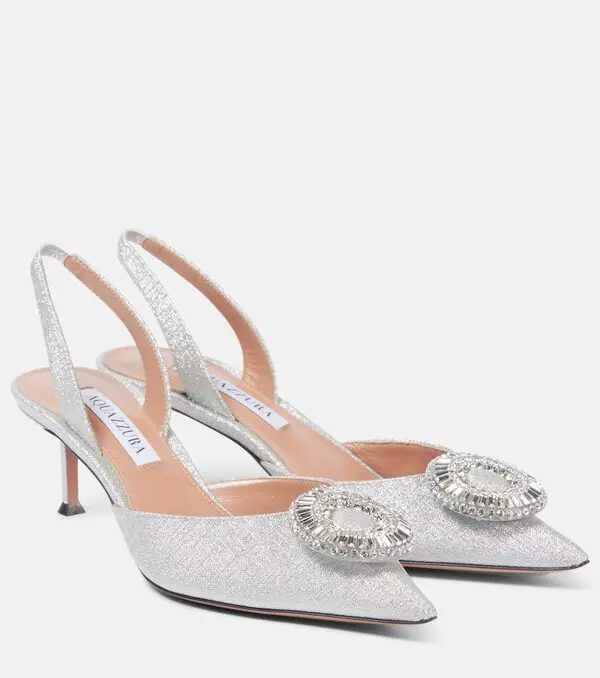 AQUAZZURA Crystal Embellished Glitter Slingback Pumps - Silver