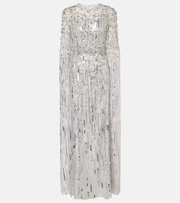 Jenny Packham Ruby Caped Sequined Gown - Silver