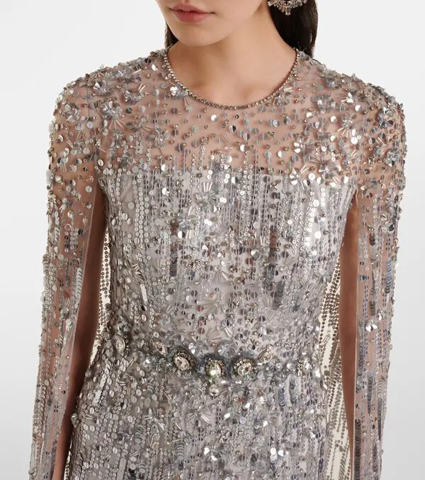 Jenny Packham Ruby Caped Sequined Gown - Silver