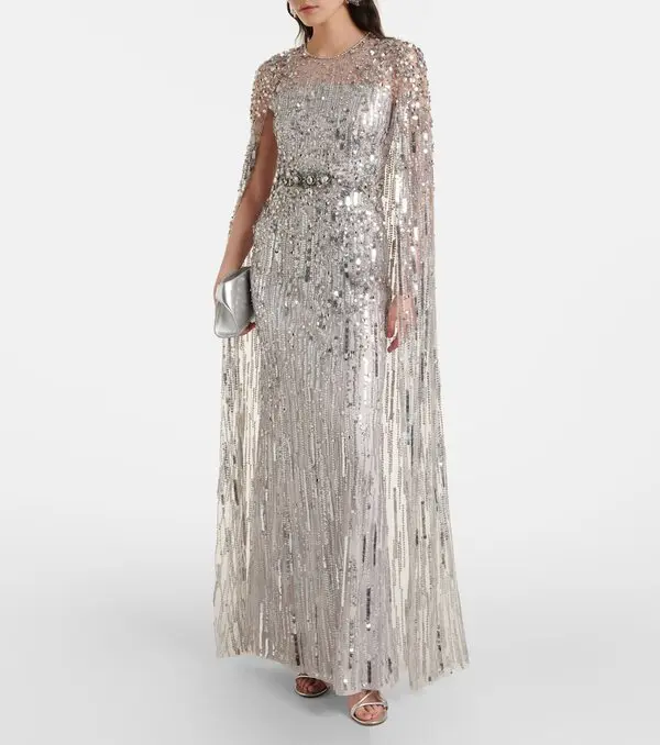 Jenny Packham Ruby Caped Sequined Gown - Silver