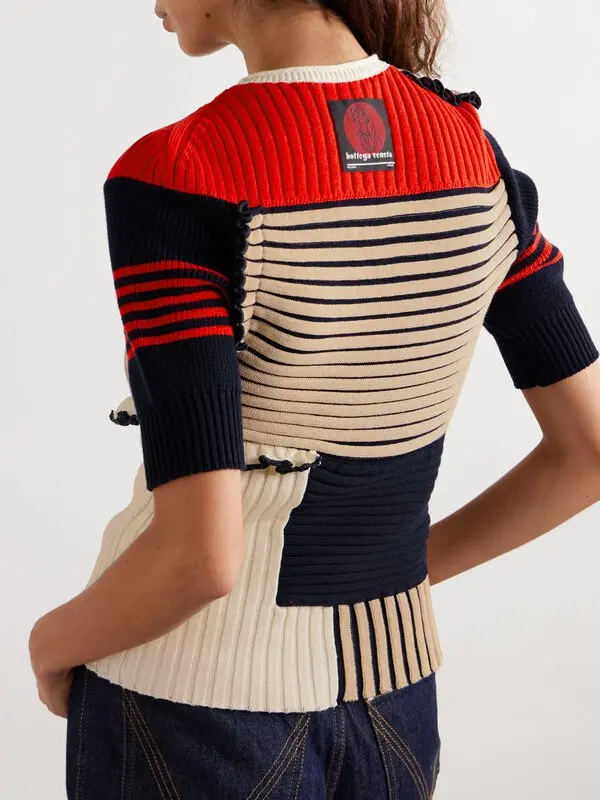 Bottega Veneta Patchwork Striped Ribbed Cotton Sweater With Ruffle Trim - Multi