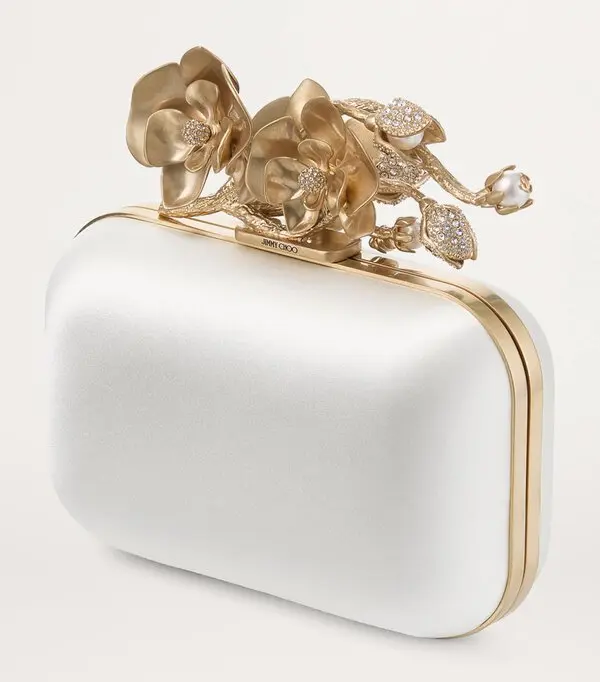 JIMMY CHOO Cloud Satin Clutch Bag With Embellished Floral Detail - Ivory