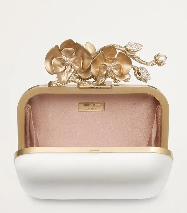 JIMMY CHOO Cloud Satin Clutch Bag With Embellished Floral Detail - Ivory