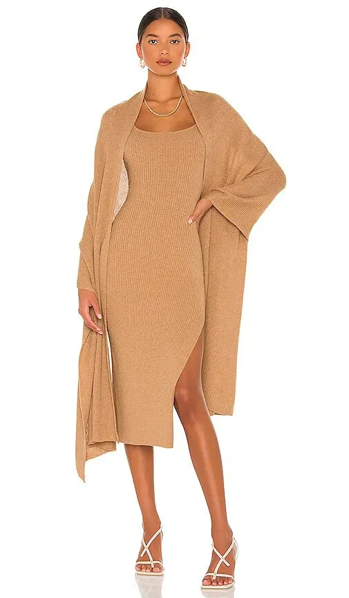 Lpa Salmah Ribbed Knit Midi Dress With Detachable Shawl - Tan