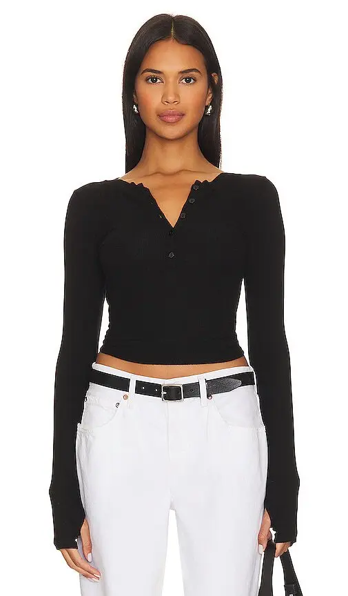Enza Costa Rib Baseball Henley - Black