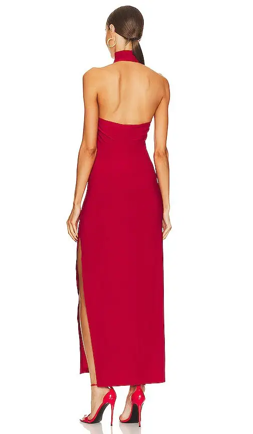 Norma Kamali Halter Turtleneck Side Slit Gown - Red