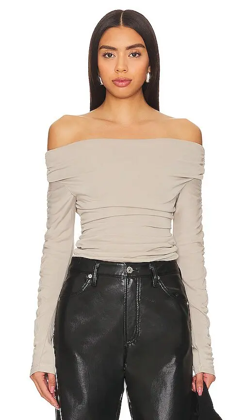 Steve Madden Jolie Bodysuit Off The Shoulder Ruched Jersey - Beige