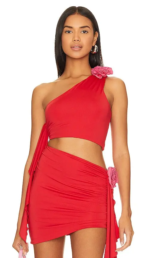 LOVERS AND FRIENDS One Shoulder Rosette Top - Red