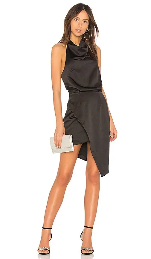 ELLIATT Satin Halterneck Mini Dress With Asymmetric Hem - Black