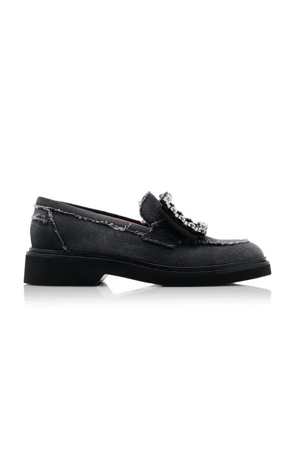 ROGER VIVIER Viv Rangers Crystal-embellished Denim Loafers - Black