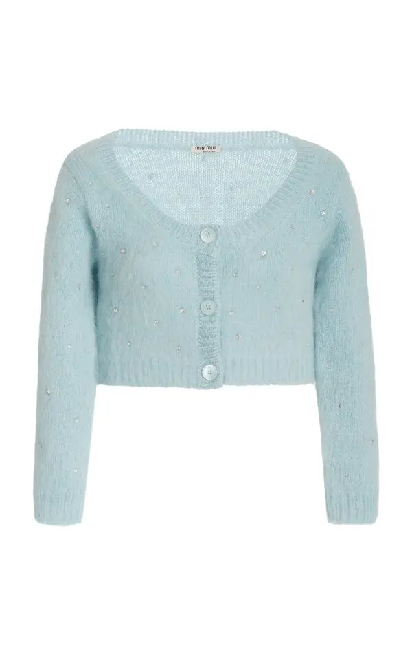 Miu Miu Diamante Embroidered Mohair-knit Cropped Cardigan - Blue
