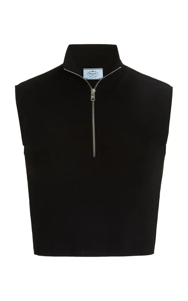 Prada Logo Detailed Ribbed Jersey Half-zip Turtleneck Crop Top