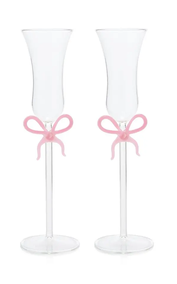 MODA DOMUS Set-of-two Bow-detailed Glass Champagne Flutes - Pink