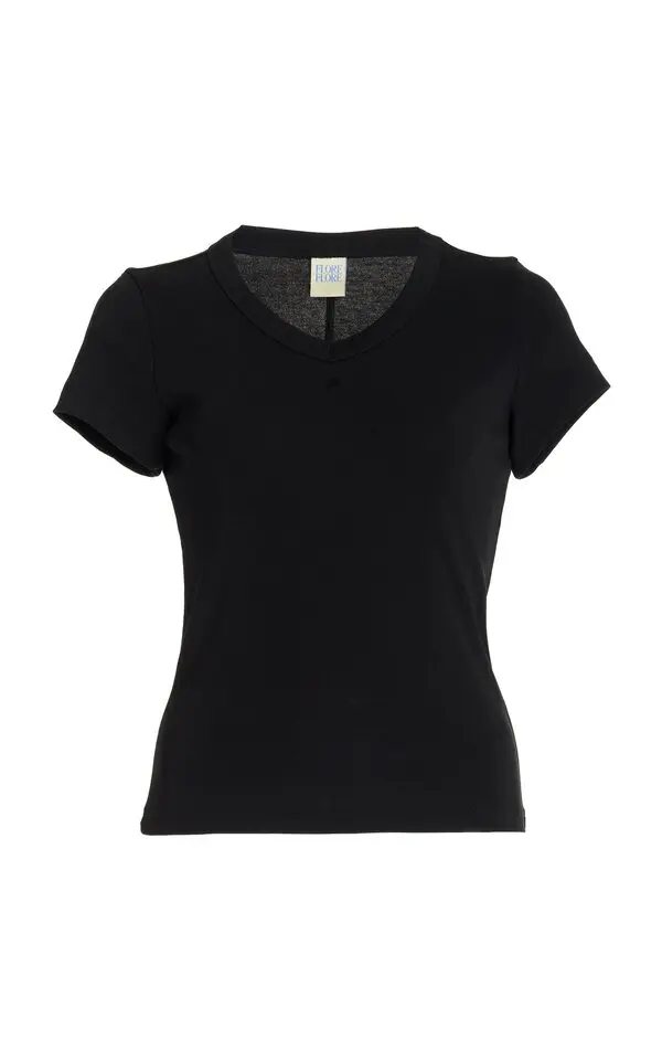 FLORE FLORE Jill Cotton Baby Rib V-neck T-shirt - Black