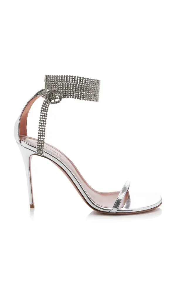 Amina Muaddi Giorgia Crystal Embellished Metallic Patent Leather Stiletto Sandals - Silver