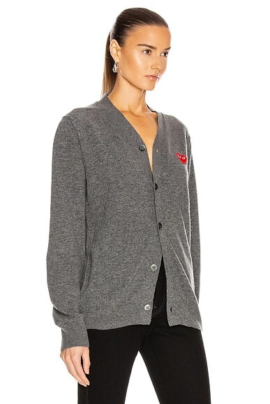 Play Comme Des Garcon Lambswool Cardigan With Red Emblem - Medium Grey