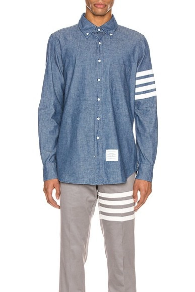 Thom Browne Straight Fit Button Down Long Sleeve Shirt - Blue
