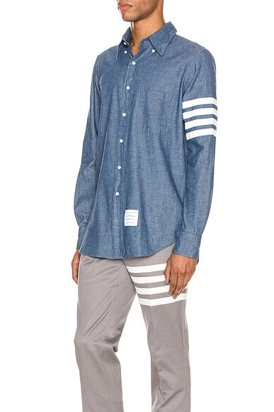 Thom Browne Straight Fit Button Down Long Sleeve Shirt - Blue