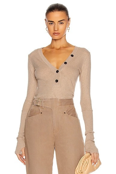 Enza Costa Cashmere Long Sleeve Cuffed Henley Top - Khaki