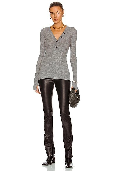 Enza Costa Cashmere Long Sleeve Cuffed Henley Top - Smoke