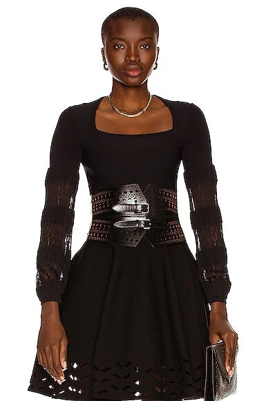 Alaïa Square Open Neck Fitted Bodysuit With Lace Detail - Noir